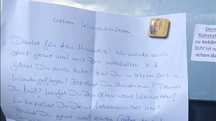 The Munich SUV driver responding to a nasty note: "Dear climate ...